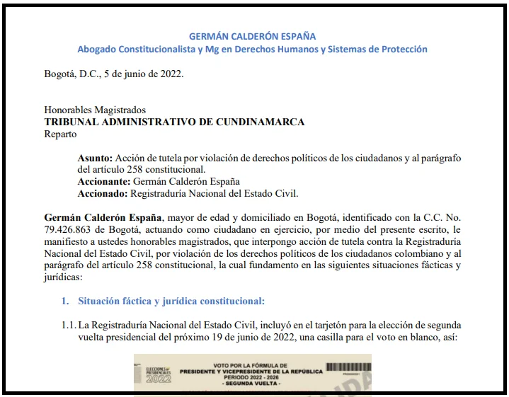 Tutela Contra La Registraduría Por Incluir El Voto En Blanco En